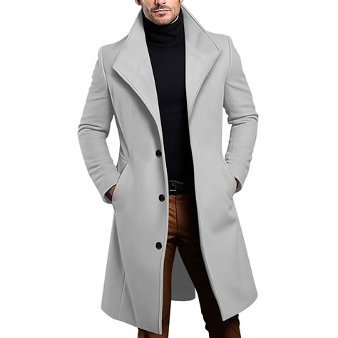 Dagugfen Mens Long Trench Coat Notched Collar Lapel Button Breasted