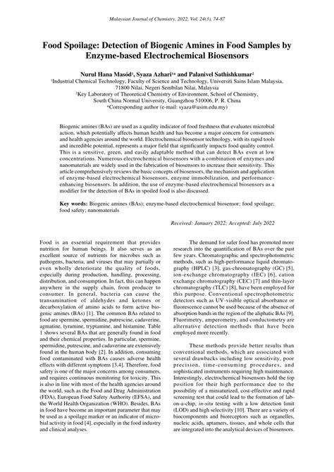 Pdf Food Spoilage Detection Of Biogenic Amines In Food Samples By Enzyme Based