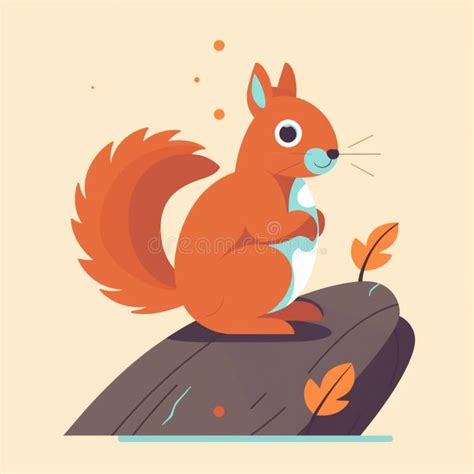 Cute Squirrel Sitting On The Wood Stump Cartoon Illustration Simple 2d Digital Art Stock