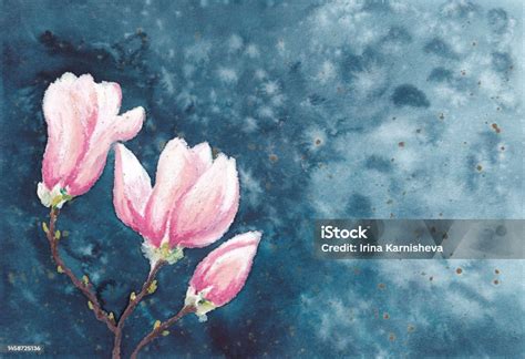 분홍색과 파란색 꽃 풍경입니다 질감이 있는 인디고 블루 배경에 분홍색 목련 꽃 목련 온대 식물에 대한 스톡 벡터 아트 및 기타 이미지 목련 온대 식물 오일 파스텔 그림