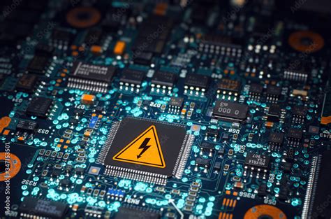 Square Smd Microchip With Electrical Warning Sign Mounted On Blue Pcb Board With Electrical
