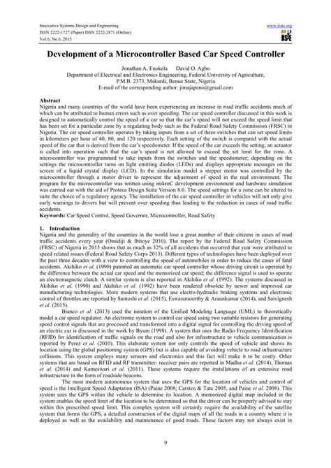 Pdf Development Of A Microcontroller Based Car Speed Controller