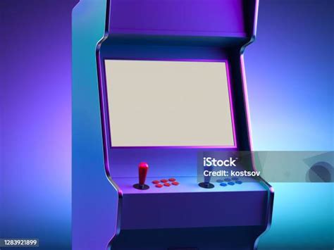네온 바이올렛 빛에 의해 조명 빈 화면 복고풍 아케이드 기계 3d 렌더링 아케이드에 대한 스톡 사진 및 기타 이미지 아케이드 게임패드 1980년 Istock