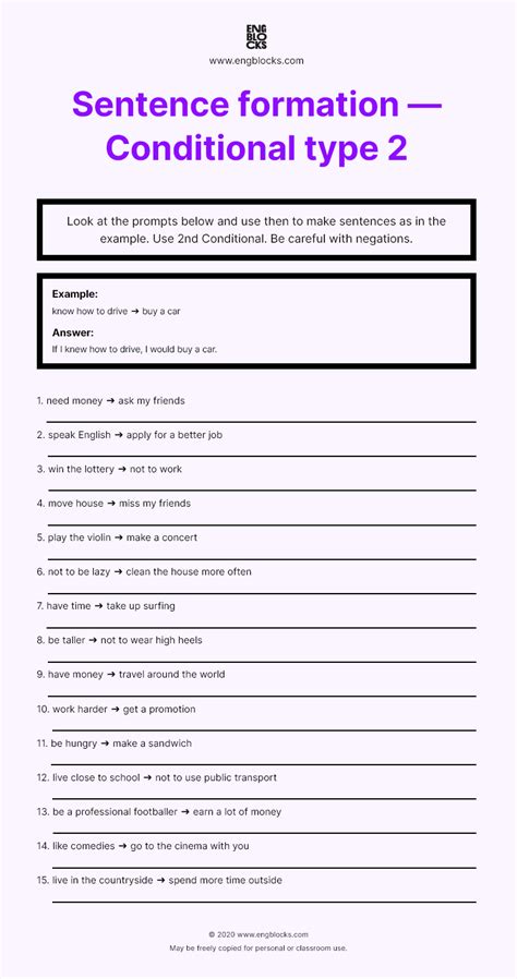 Second Conditional Conditional Type 2 Sentence Formation Worksheet