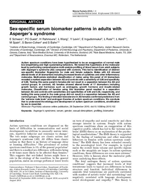 Pdf Sex Specific Serum Biomarker Patterns In Adults With Aspergers