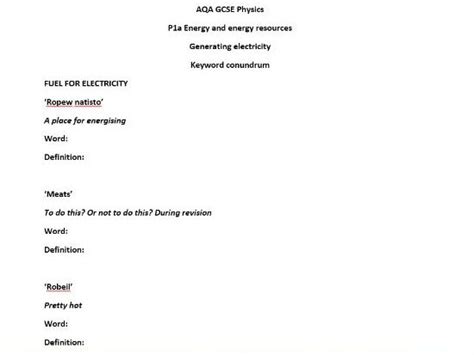 GCSE AQA Physics Keyword Revision Teaching Resources