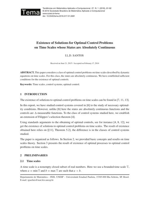 Pdf Existence Of Solutions For Optimal Control Problems On Time Scales Whose States Are