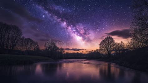 Breathtaking Night Sky With Stars And Galaxy Over A Calm River