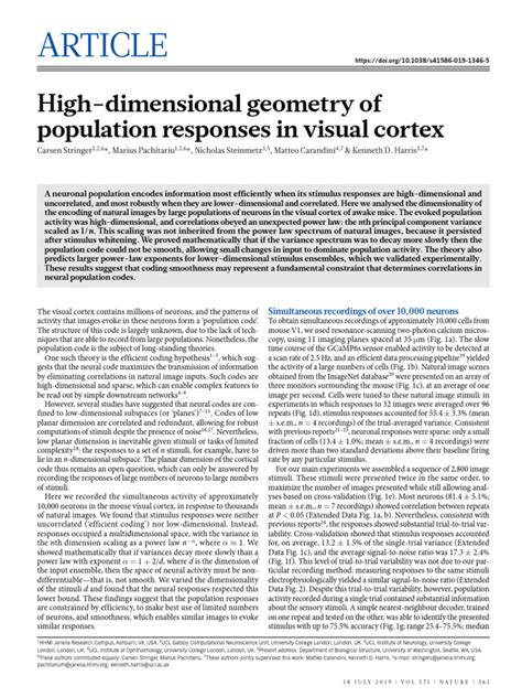 Nature2019high Dimensional Geometry Of Population Responses In Visual