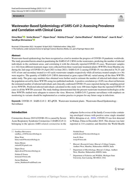 Wastewater Based Epidemiology Of SARS CoV Assessing Prevalence And Correlation With Clinical
