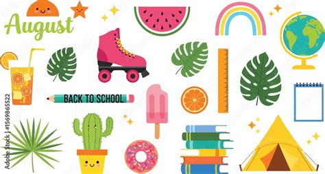 August Summer Back To School Clip Art Collection With Tropical Leaves