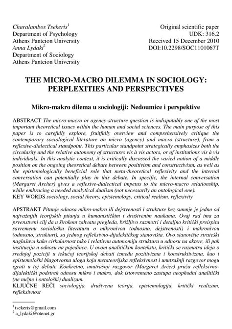 Pdf The Micro Macro Dilemma In Sociology Perplexities And Perspectives