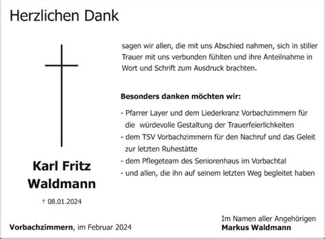 Traueranzeigen Von Karl Fritz Waldmann Trauerportal Ihrer Tageszeitung