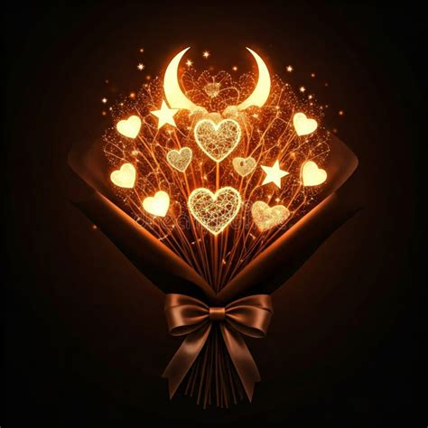 Magical Bouquet Of Glowing Hearts And Stars With Crescent Moon Design Stock Illustration