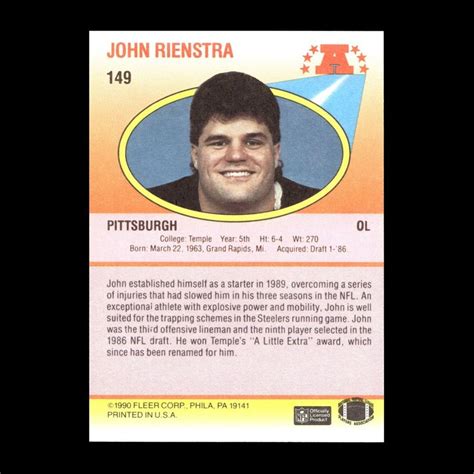 John Rienstra 1990 Fleer Rookie Pittsburgh Steelers 149 R325b 51 Ebay