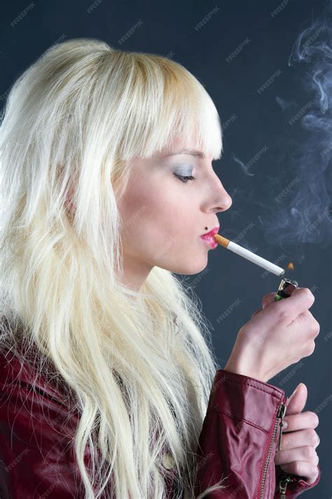 Blonde Smoking Cigarette Young Fashion Girl Gray Background Premium Photo