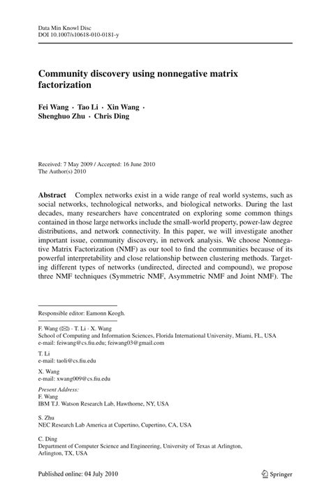 Pdf Community Discovery Using Nonnegative Matrix Factorization