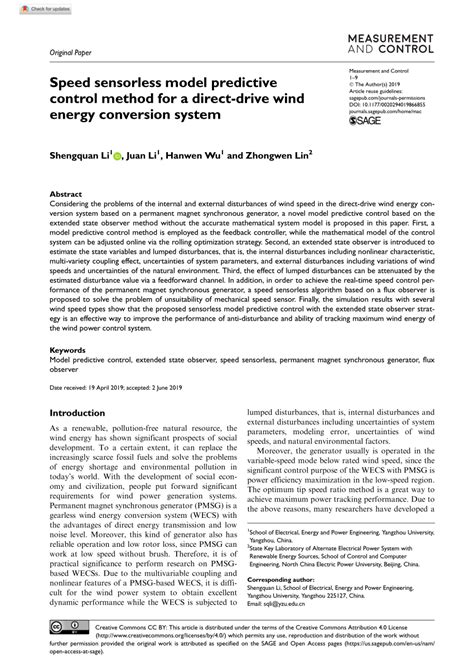 PDF Speed Sensorless Model Predictive Control Method For A Direct Drive Wind Energy Conversion