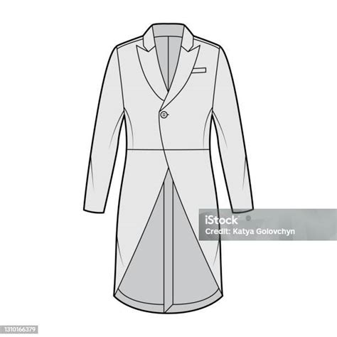 롱 슬리브 피크 라펠 칼라 컷어웨이 프론트 웰트 포켓이 있는 모닝 코트 재킷 테크니컬 패션 일러스트 0명에 대한 스톡 벡터 아트