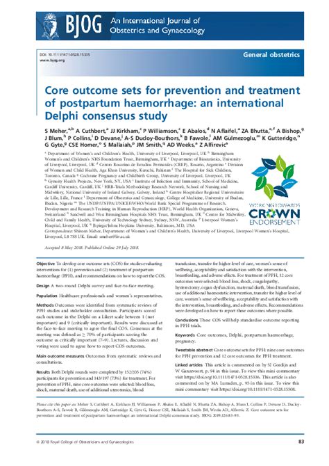 Pdf Core Outcome Sets For Prevention And Treatment Of Postpartum
