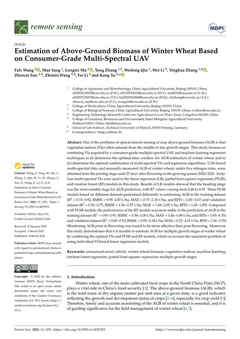 Pdf Estimation Of Above Ground Biomass Of Winter Wheat Based On
