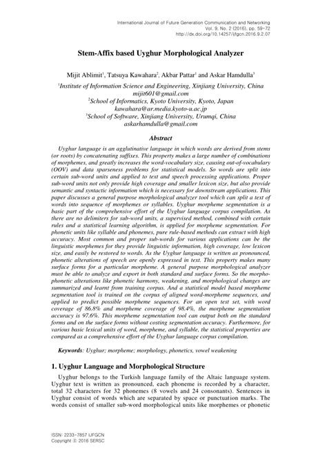 Pdf Stem Affix Based Uyghur Morphological Analyzer