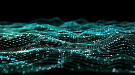 Abstract Turquoise Waves Of Glowing Particles On Black Background Stock