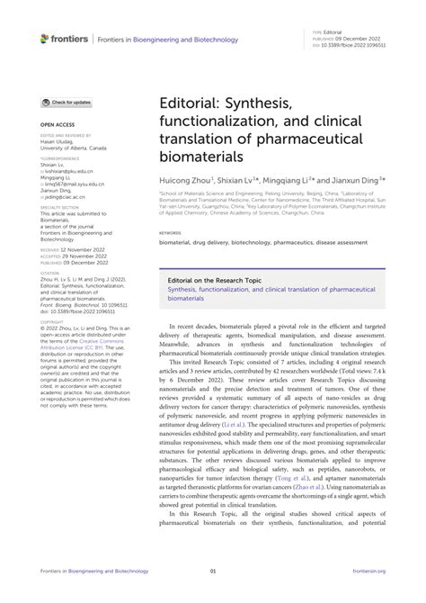 Pdf Editorial Synthesis Functionalization And Clinical Translation