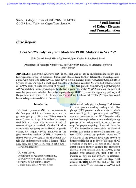 Pdf Does Nphs1 Polymorphism Modulate P118l Mutation In Nphs2