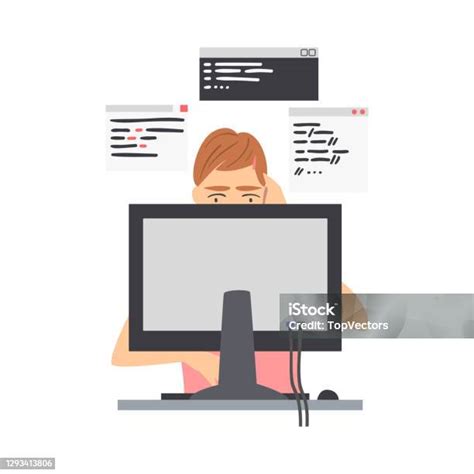 컴퓨터 화면 벡터 일러스트레이션 앞에서 작업하는 남자 웹 개발자 또는 프로그래머 0명에 대한 스톡 벡터 아트 및 기타 이미지