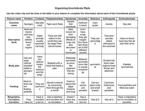 Invertebrates Phylum Chart