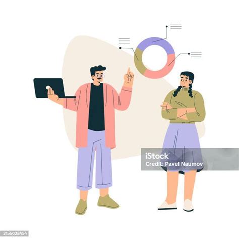 사업 개념 와 남자와 여자 특성 와 파이 차트 벡터 일러스트 개념에 대한 스톡 벡터 아트 및 기타 이미지 개념 개발 긍정적인 감정 표현 Istock