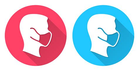 의료 보호 마스크로 얼굴을 프로필하십시오 빨간색 또는 파란색 배경에 긴 그림자가 있는 둥근 아이콘 0명에 대한 스톡 벡터 아트