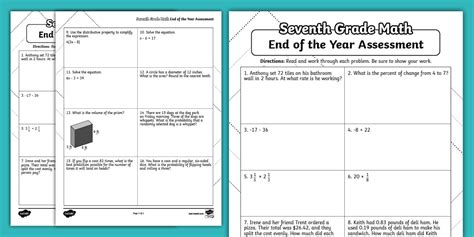 Seventh Grade End Of The Year Math Assessment Twinkl