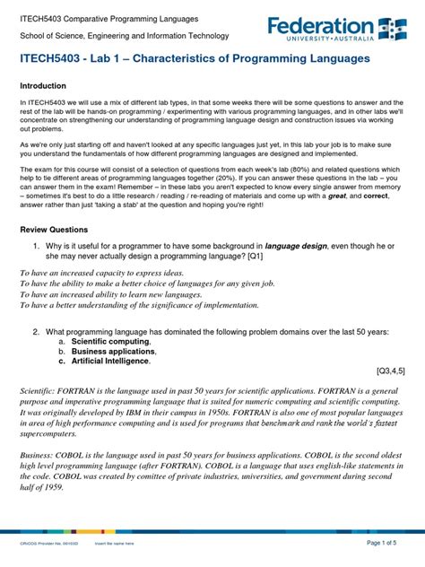 Lab 01 Characteristics Of Programming Languages Answers Pdf Pdf