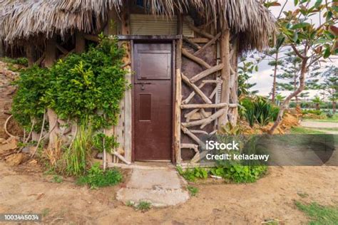 닫힌된 나무 갈색 그런 지 문 고 초가 지붕 녹색 숲으로 둘러싸인 나무 줄기로 만든 오래 된 코 티 지 0명에 대한 스톡 사진 및 기타 이미지 Istock