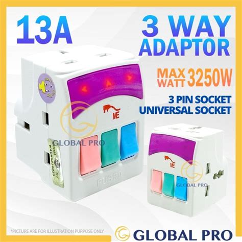 Me 13 Amp 3 Way Switch Adaptor 3 Pin Universal Socket With Neon