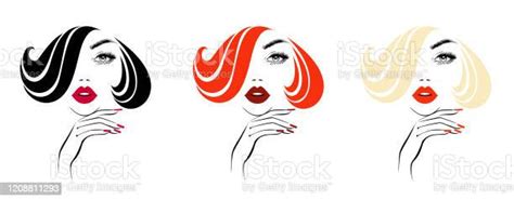 설정 아름다운 여자 빨간 입술 빨간 매니큐어 손톱 패션 여자 손톱 스튜디오 검은 빨간색과 금발 곱슬 머리 스타일 헤어 살롱 기호 아이콘과 손 뷰티 로고 벡터 그림입니다 핸드