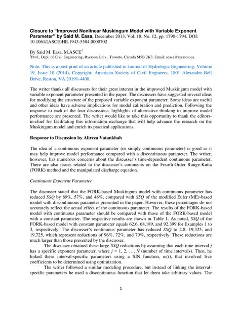 Pdf Closure To “improved Nonlinear Muskingum Model With Variable Exponent Parameter” By Said M
