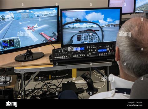 Man Navigating Virtual Plane In Amateur Flight Simulator On Home Computer Stock Photo Alamy
