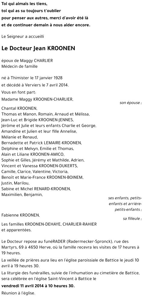 Avis De Décès De Jean Kroonen Décédé Le 07042014 à Verviers Annonce Condoléances Fleurs