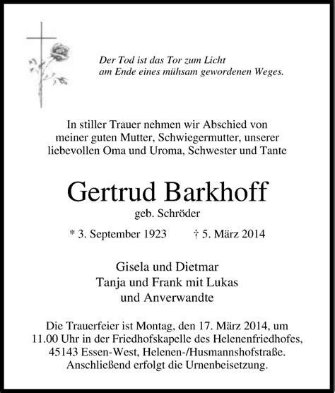 Traueranzeigen Von Gertrud Barkhoff Trauer In Nrwde