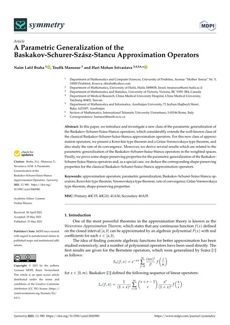 Pdf A Parametric Generalization Of The Baskakov Schurer Szász Stancu