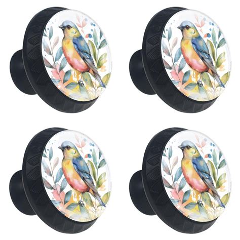 4 Pack Cabinet Knobs Watercolor Bird Leaves Drawer Dresser Knobs Black Drawer Pulls Handles