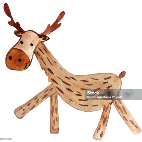 만화 새해 사슴입니다 엽서 포스터 및 인쇄의 디자인을 위한 수채화 손 그림 그림 0명에 대한 스톡 벡터 아트 및 기타 이미지 0명 갈색 겨울 Istock