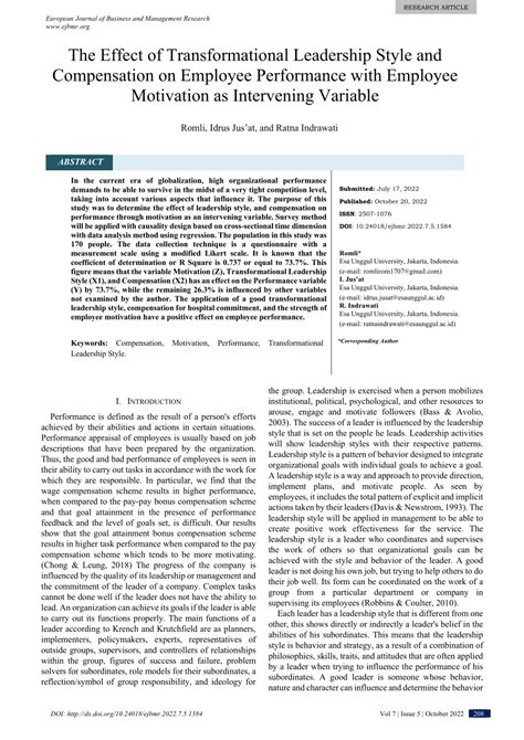 Pdf The Effect Of Transformational Leadership Style And Compensation