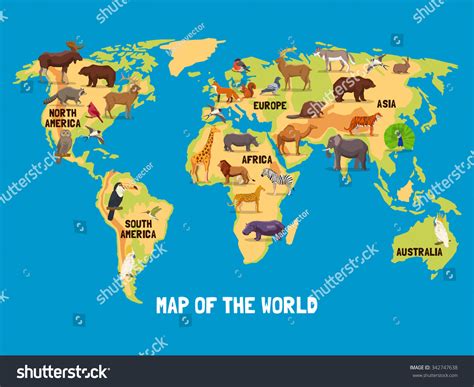 Flat Map World Animals Living Different Stock Vector 342747638