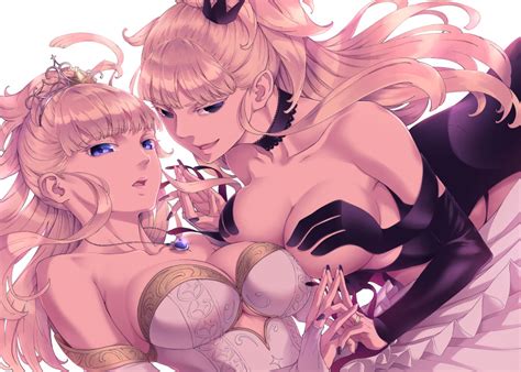 Rule 34 2girls Bare Shoulders Black Vs White Blonde Hair Blue Eyes