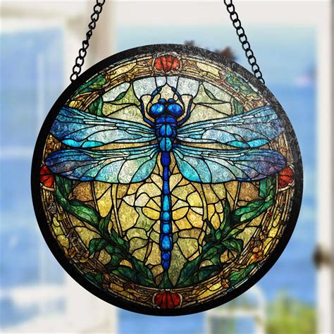 Dragonfly Round Stained Glass Suncatcher For Window Animebape