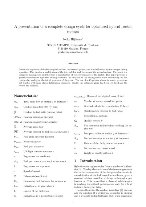Pdf A Presentation Of A Complete Design Cycle For Optimised Hybrid Rocket Motors